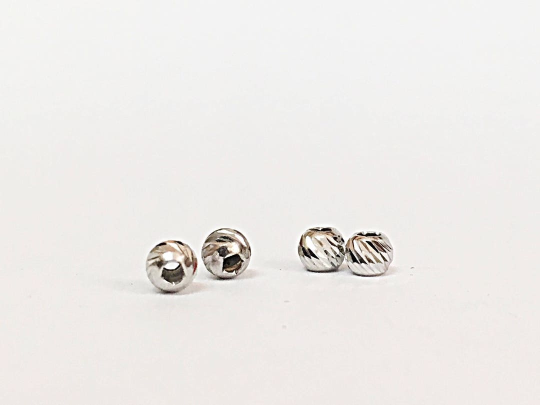 14K White Solid Gold Spacer Beads 3mm 1pcs, Diamond Cut Designed Round ...