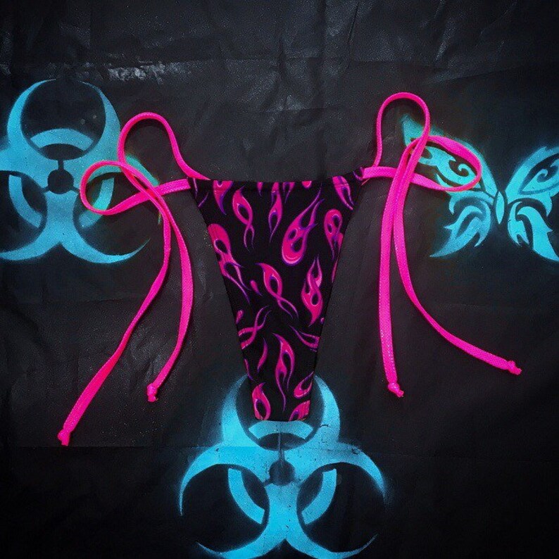 Pink Flame Bikini Thong Flame Stretchy Bottoms Black Etsy