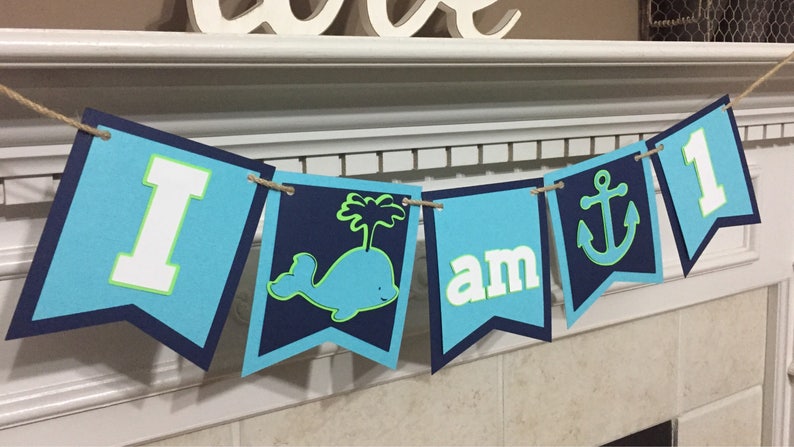 Nautical I am 1 banner Whale and Anchor Aqua Navy Lime | Etsy