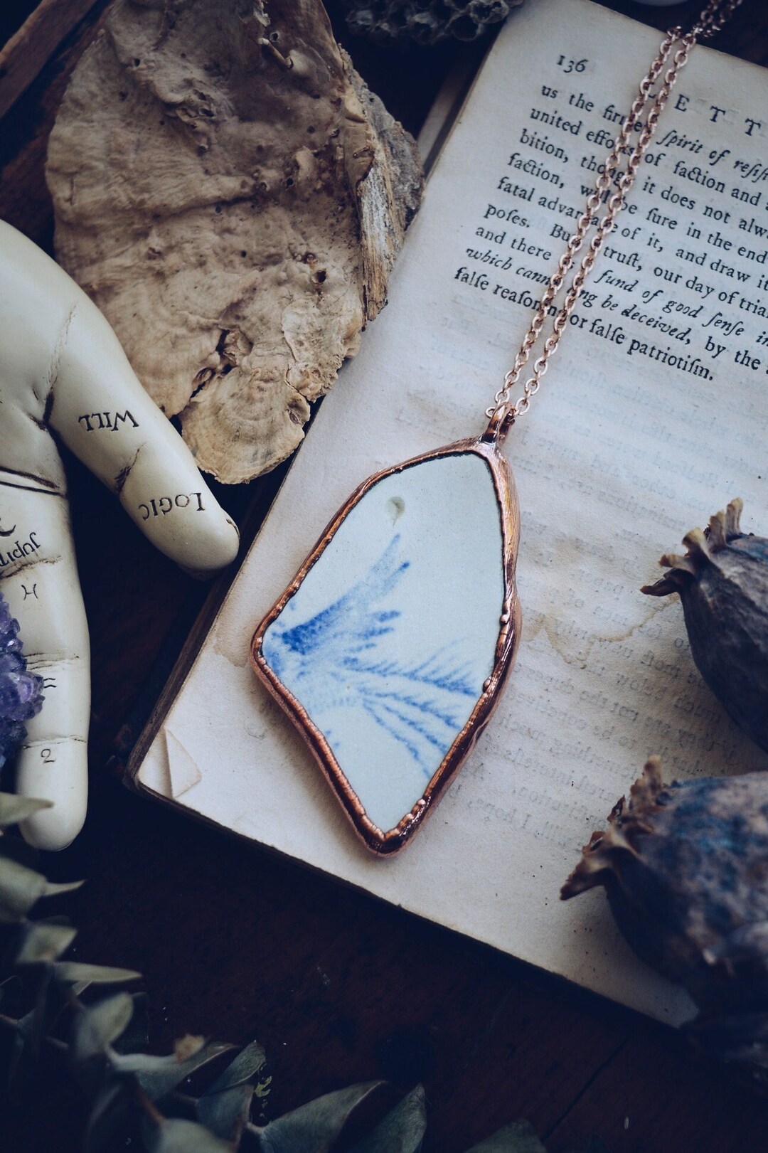Sea Pottery Copper Necklace, Sea Glass Pendant, Copper Electroformed ...