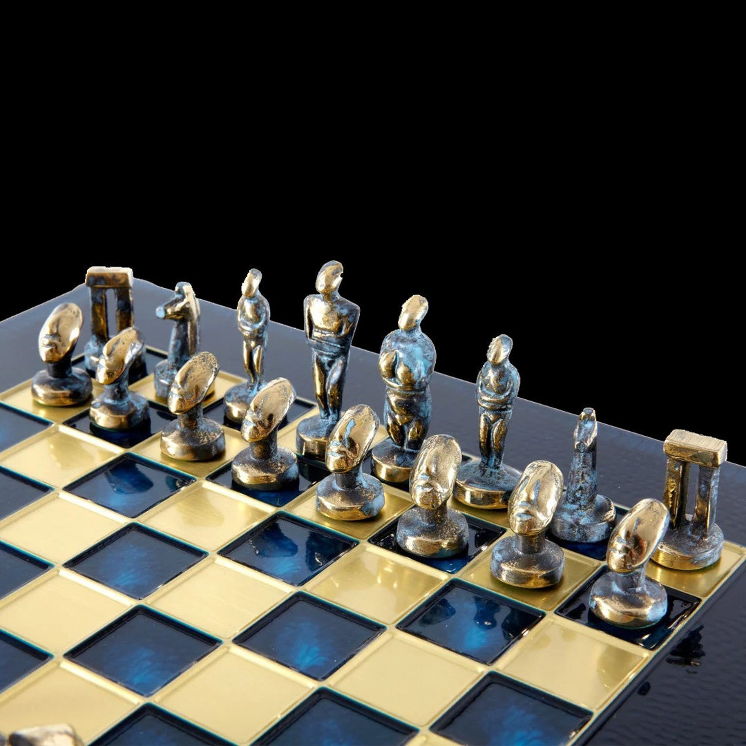 Cycladic Art Solid Brass Chess Set - Blue Chess Board - Handmade in ...