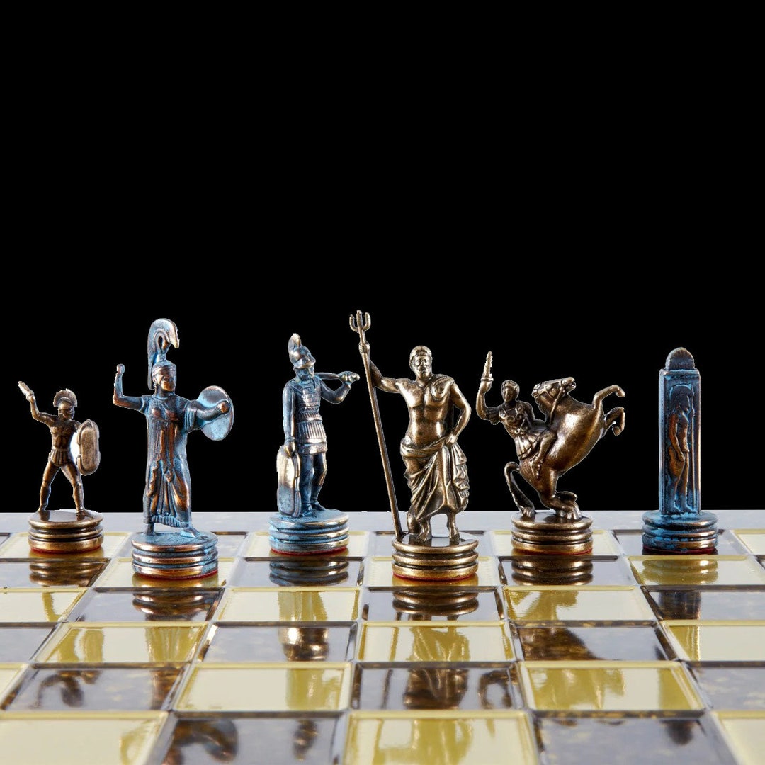 Mythology Chess Set - Blue and Copper Pawns - Brown Chess Board ...