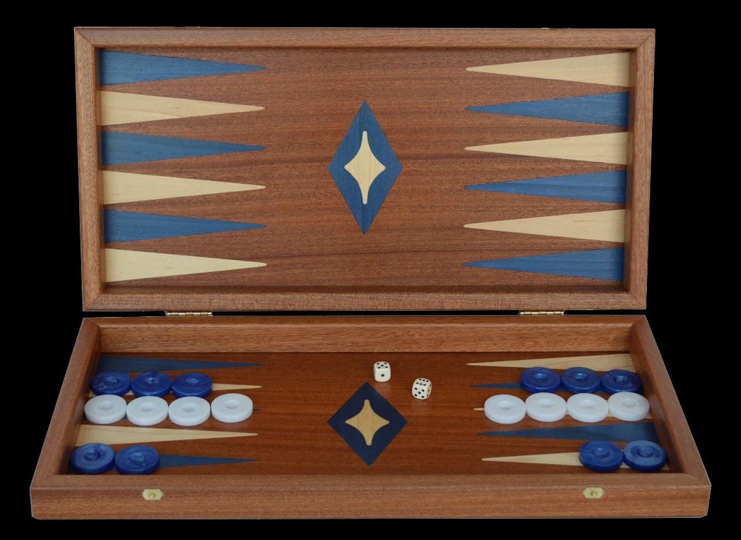 Traditional Backgammon Set With Mahogany Wood - Medium Size - Blue ...