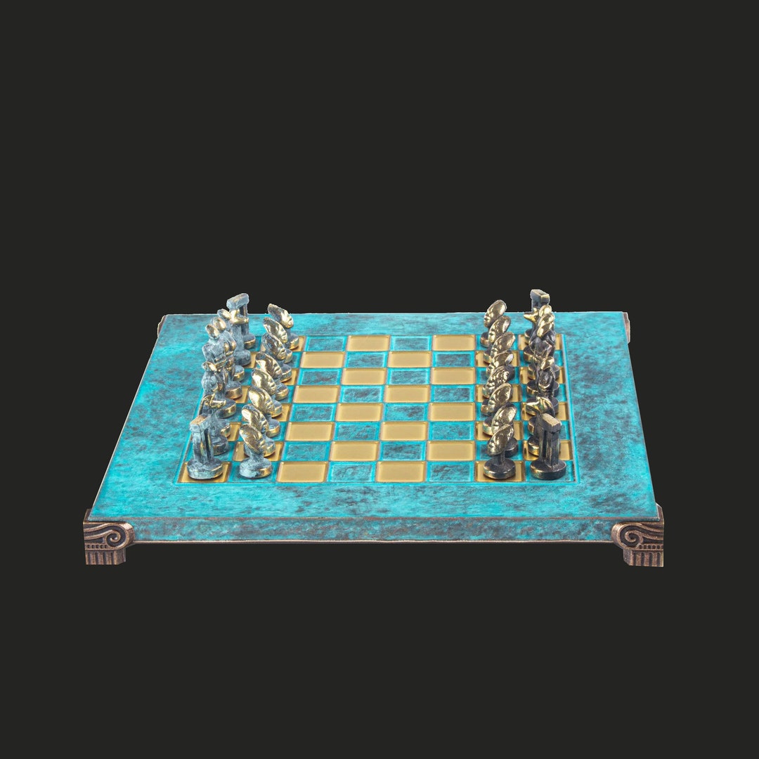 Cycladic Art Solid Brass Chess Set Blue Oxidized Chess Board Handmade ...