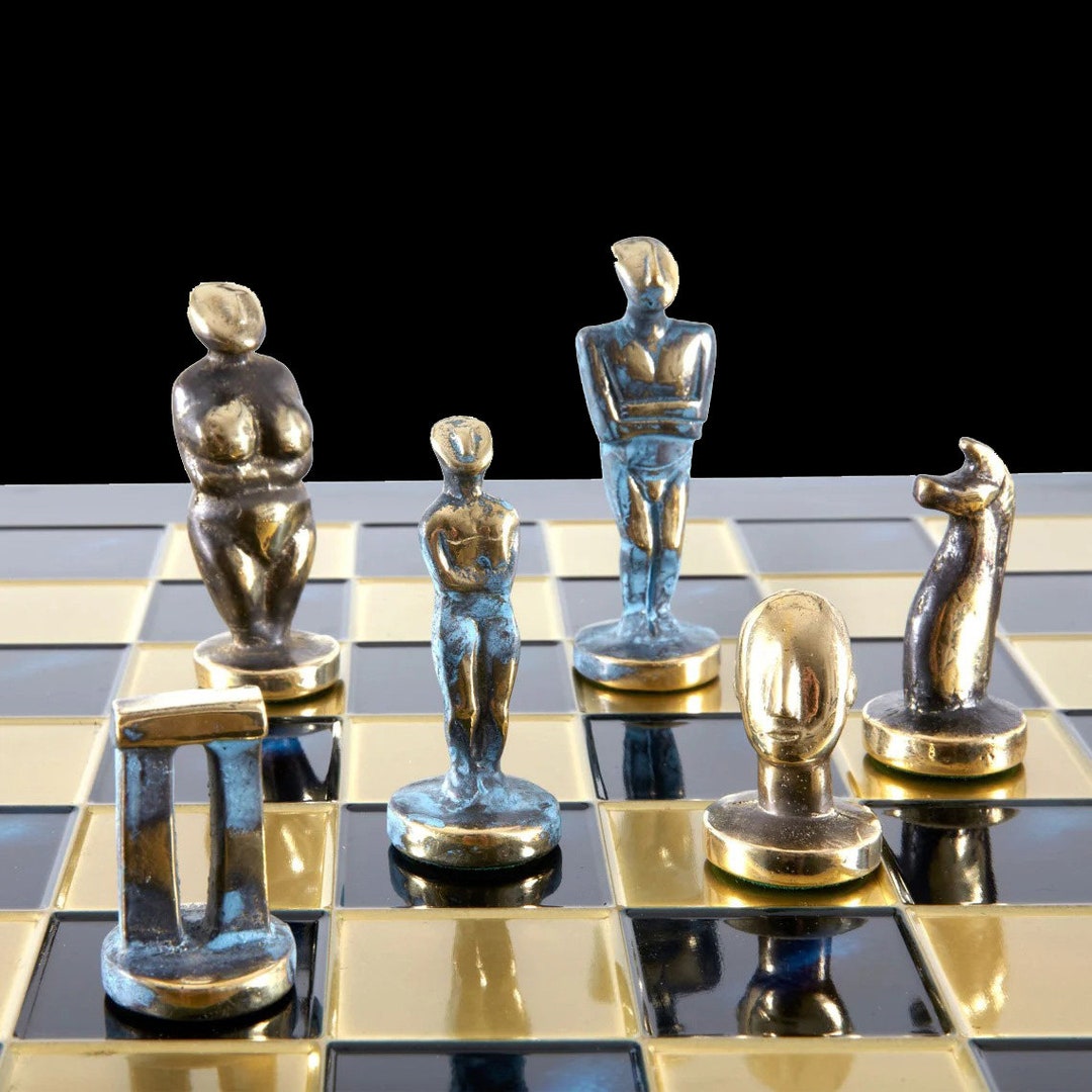 Cycladic Art Solid Brass Large Chess Set - Blue Chess Board - Handmade ...
