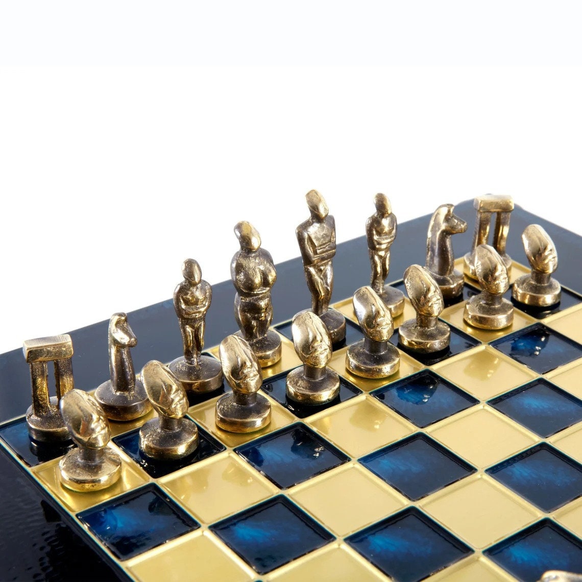 Cycladic Art Solid Brass Chess Set Blue Chess Board Handmade in Greece ...