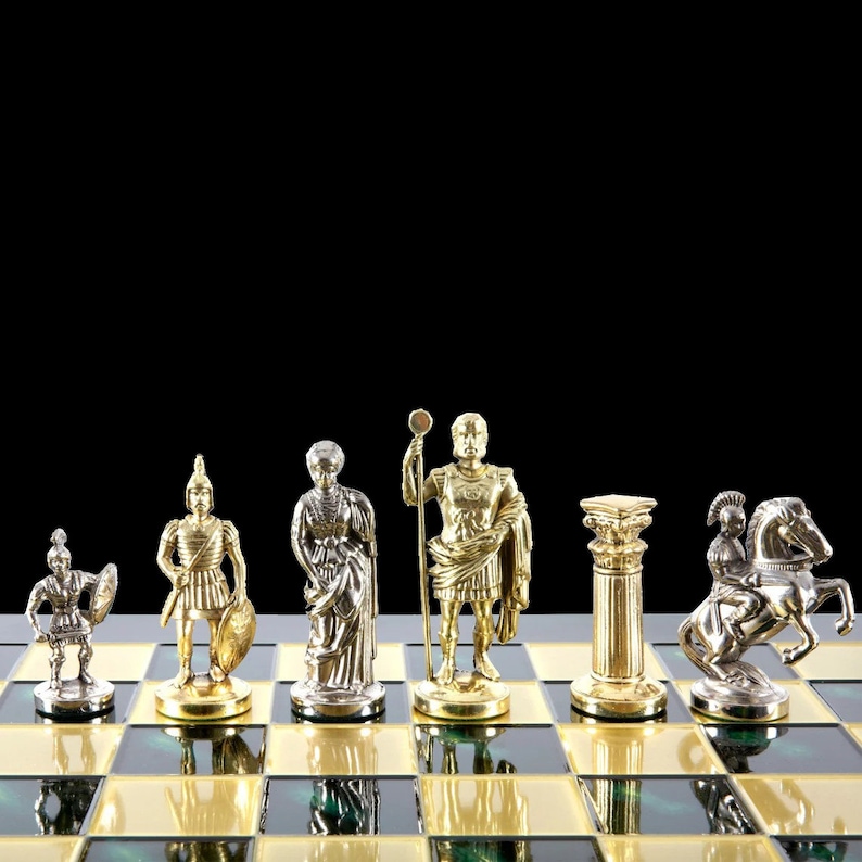 Greek Roman Period Large Chess Set Gold and Silver Pawns Green Chess ...