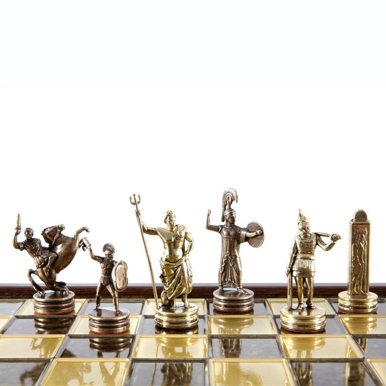 Mythology Chess Set - Gold and Copper Pawns - Wooden Case Brown Board ...