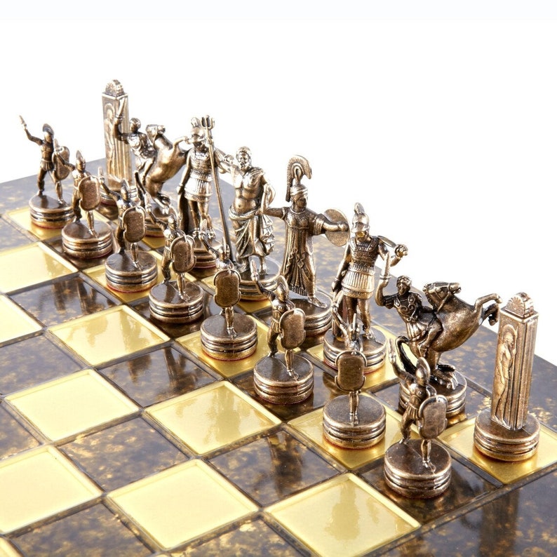 Mythology Chess Set Brass and Copper Pawns Brown Chess Board Handmade ...