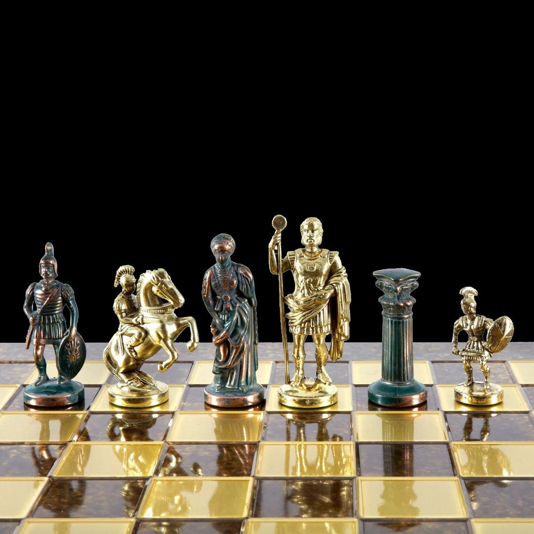Greek Roman Period Large Chess Set - Gold and Green Pawns - Brown Chess ...