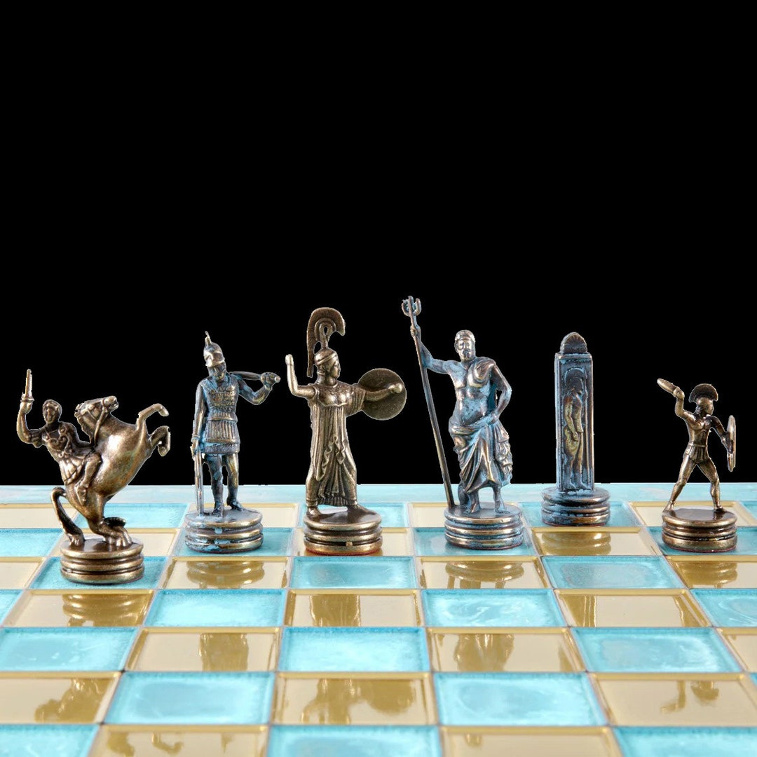 Mythology Chess Set - Blue and Copper Pawns - Blue Oxidized Chess Board ...