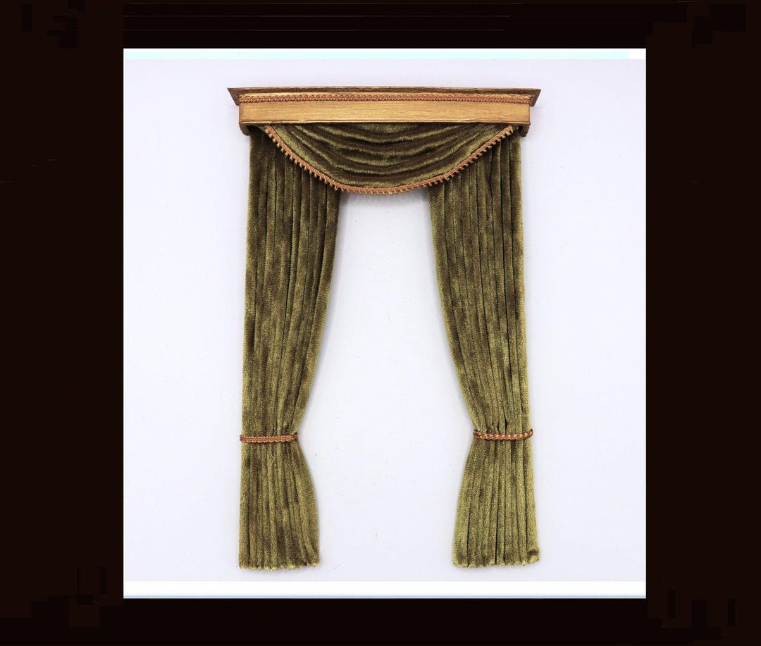 Victorian/edwardian 1/12th Gold Green Valour Pelmet Curtains With Swag ...