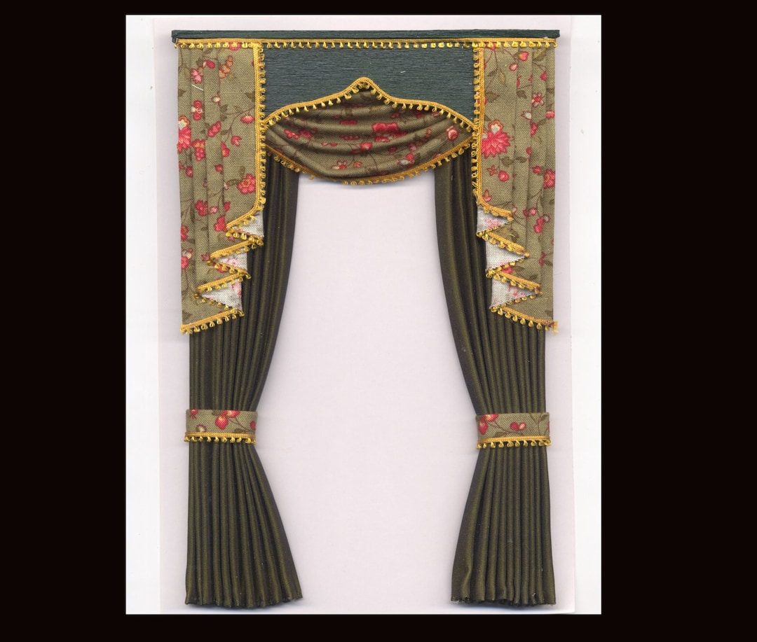 Victorian/edwardian Style 1/12th Scale Deep Green Pelmet Curtains With ...