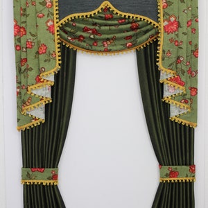 Victorian/edwardian Style 1/12th Scale Deep Green Pelmet Curtains With ...