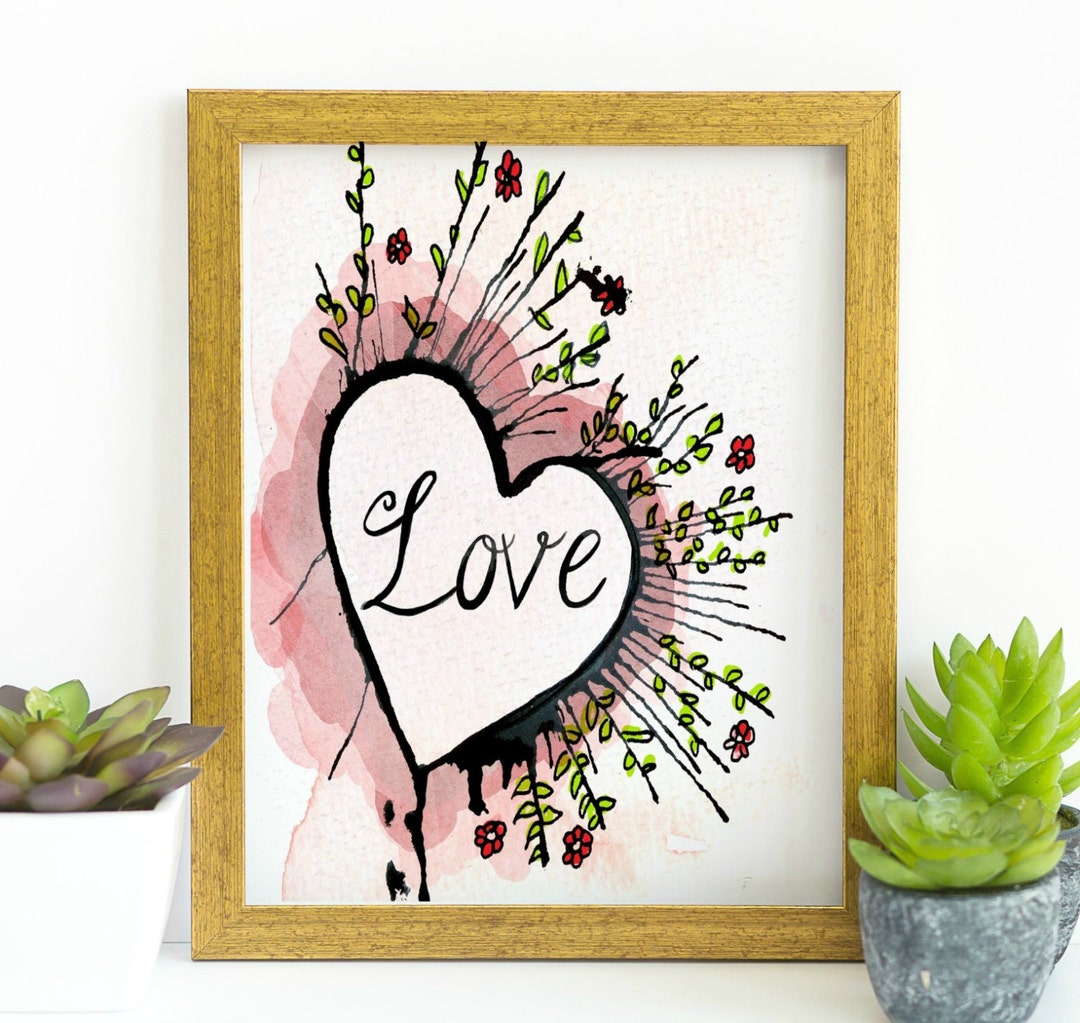 Printable LOVE Print, Love Heart and Flowers, Download, Instant Wall ...