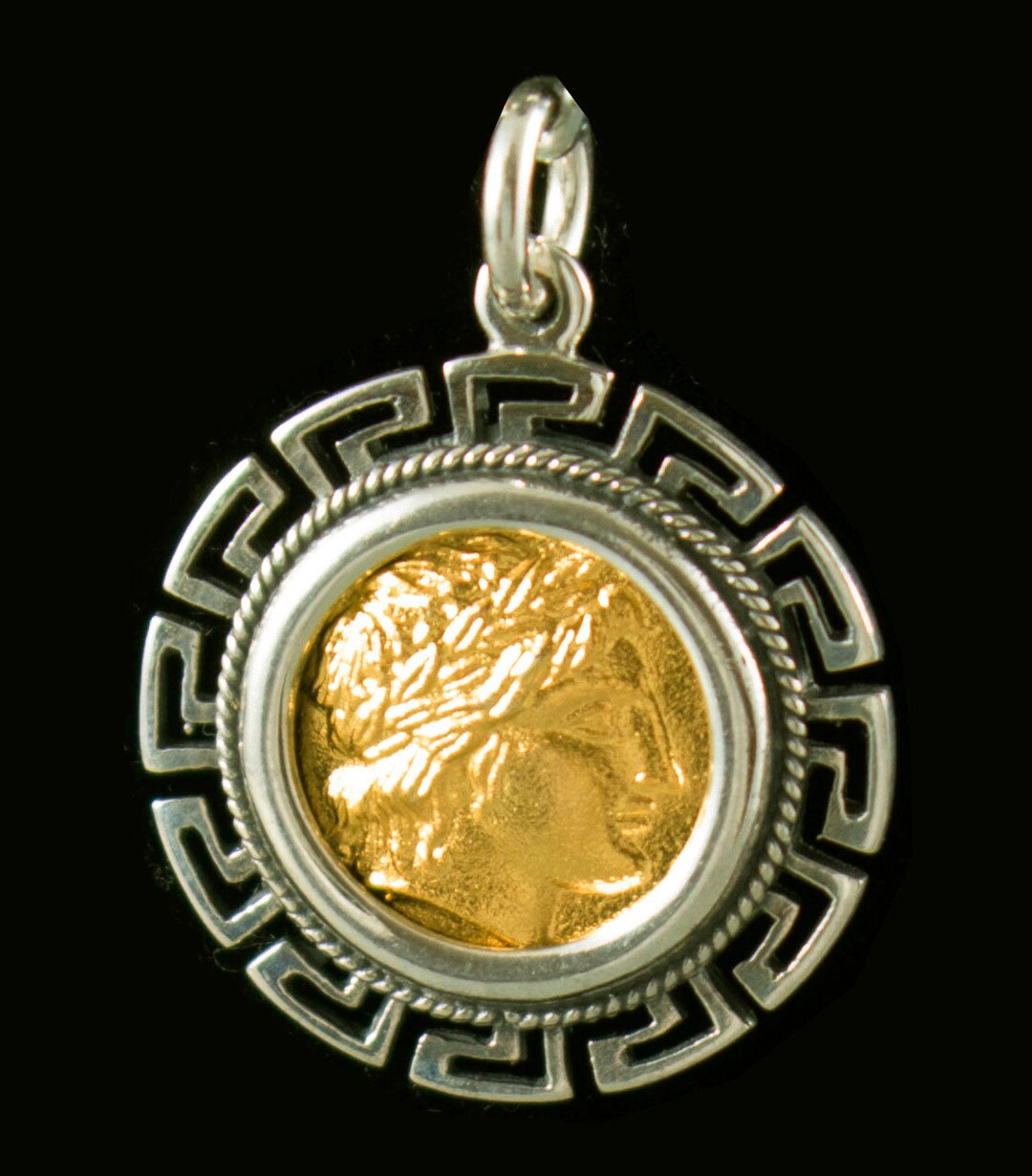 God Apollo Tetradrachm Gold Plated Silver Pendant in Meander Frame ...