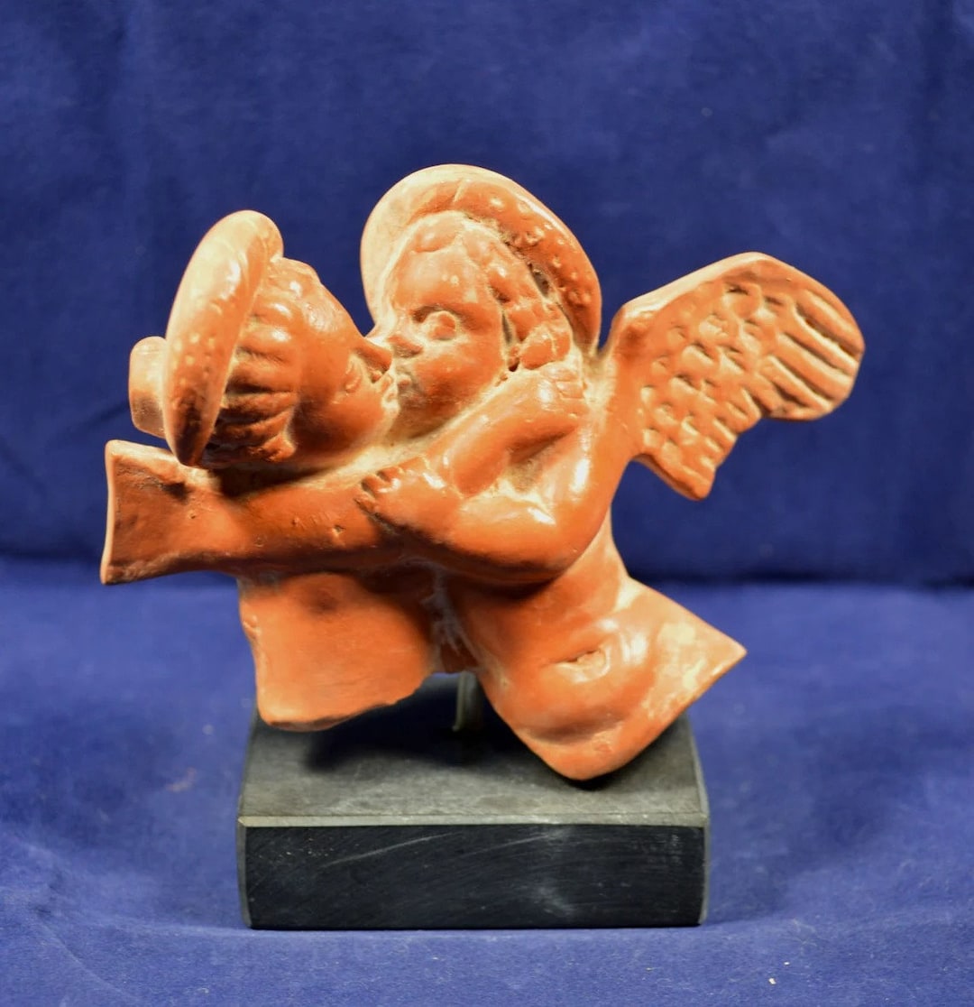 Eros and Psyche Ceramic Sculpture With Marble Base Winged God of Love ...