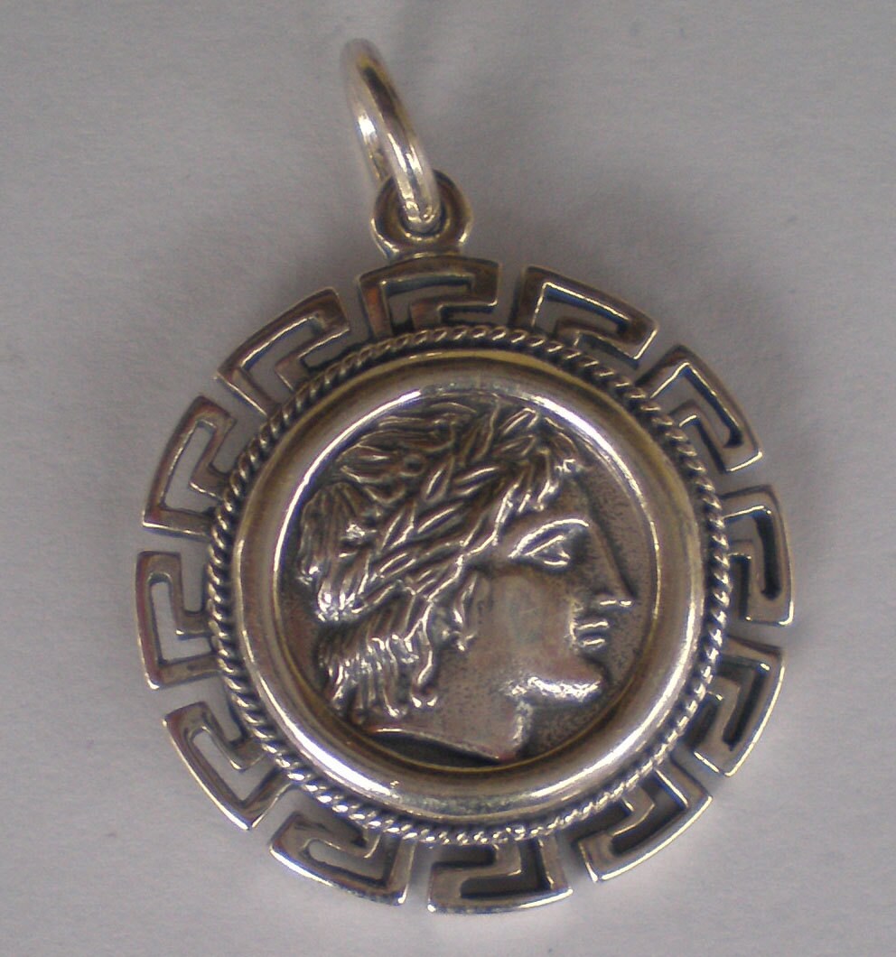 Apollo Silver Coin Pendant With Meander Design Olympian God | Etsy