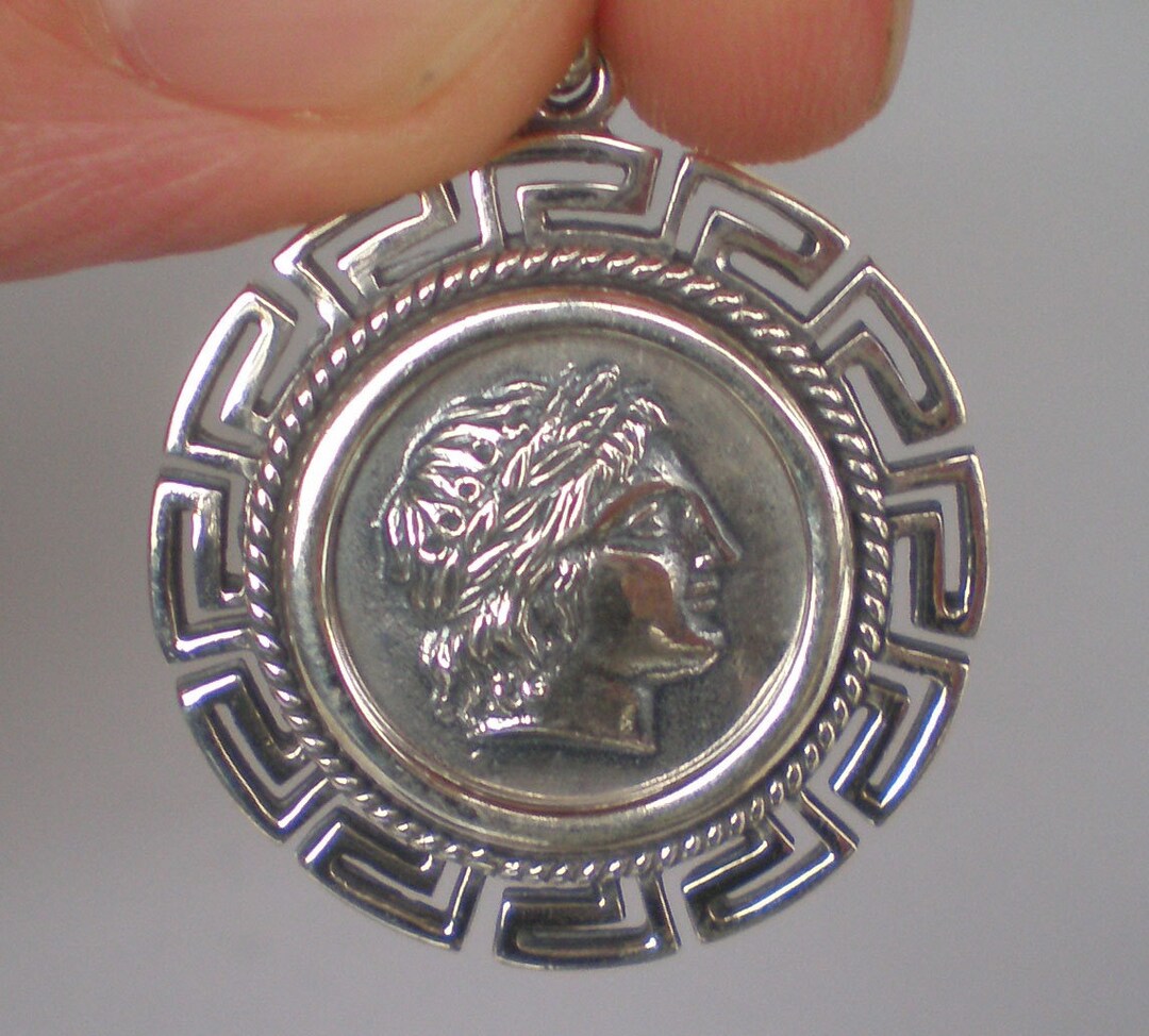 Apollo Silver Coin Pendant With Meander Design Olympian God Apulu - Etsy