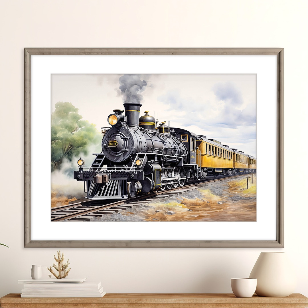 Vintage Steam Train Print | 1900s Steam Engine & Passenger Cars ...