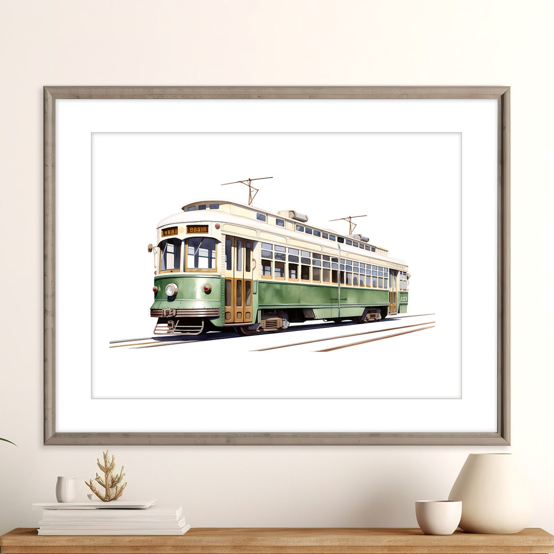 Trolley Train Print (green) | Vintage Train Print | Railroad Art | Boys ...
