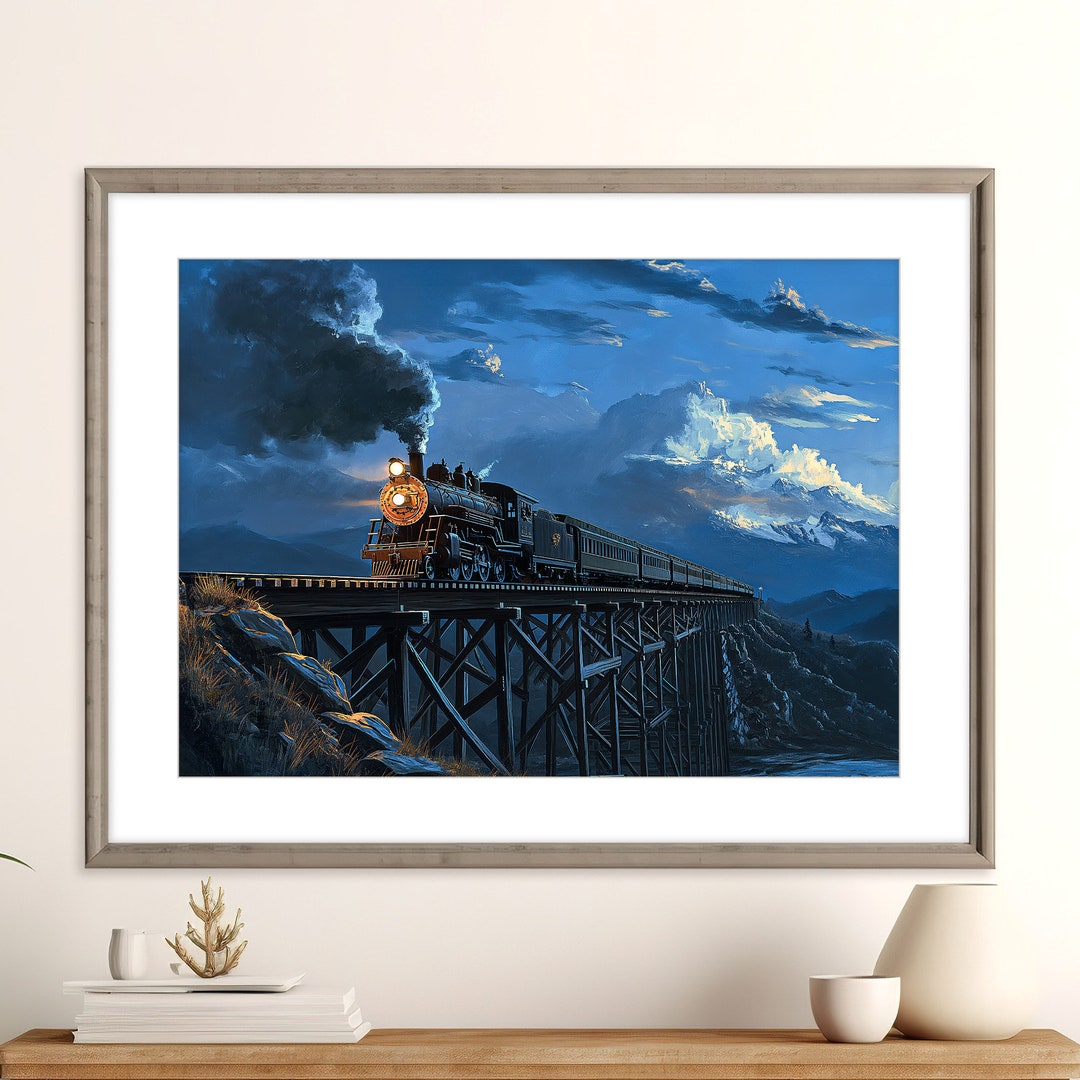 Steam Train Trestle Bridge Print | Night Mountain Landscape | Vintage ...