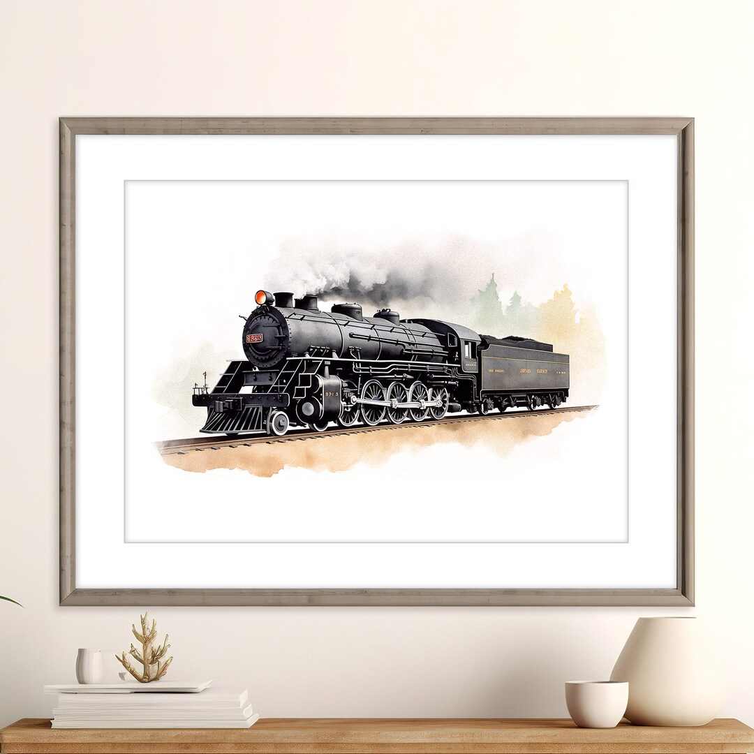 Vintage Steam Train Print (black) | Train Watercolor Print | Train ...