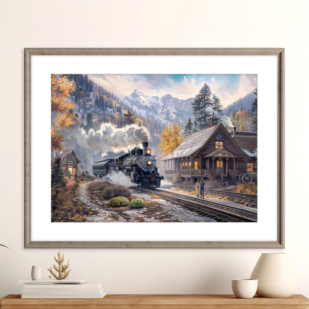 Vintage Steam Train Mountain Landscape Print | Fall Scenic Railroad ...