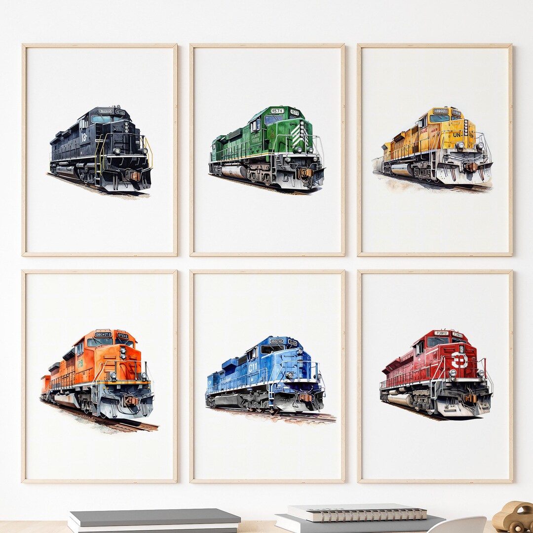 Set of 6 Locomotive Train Prints Boys Room Railroad Art Railroad Wall ...