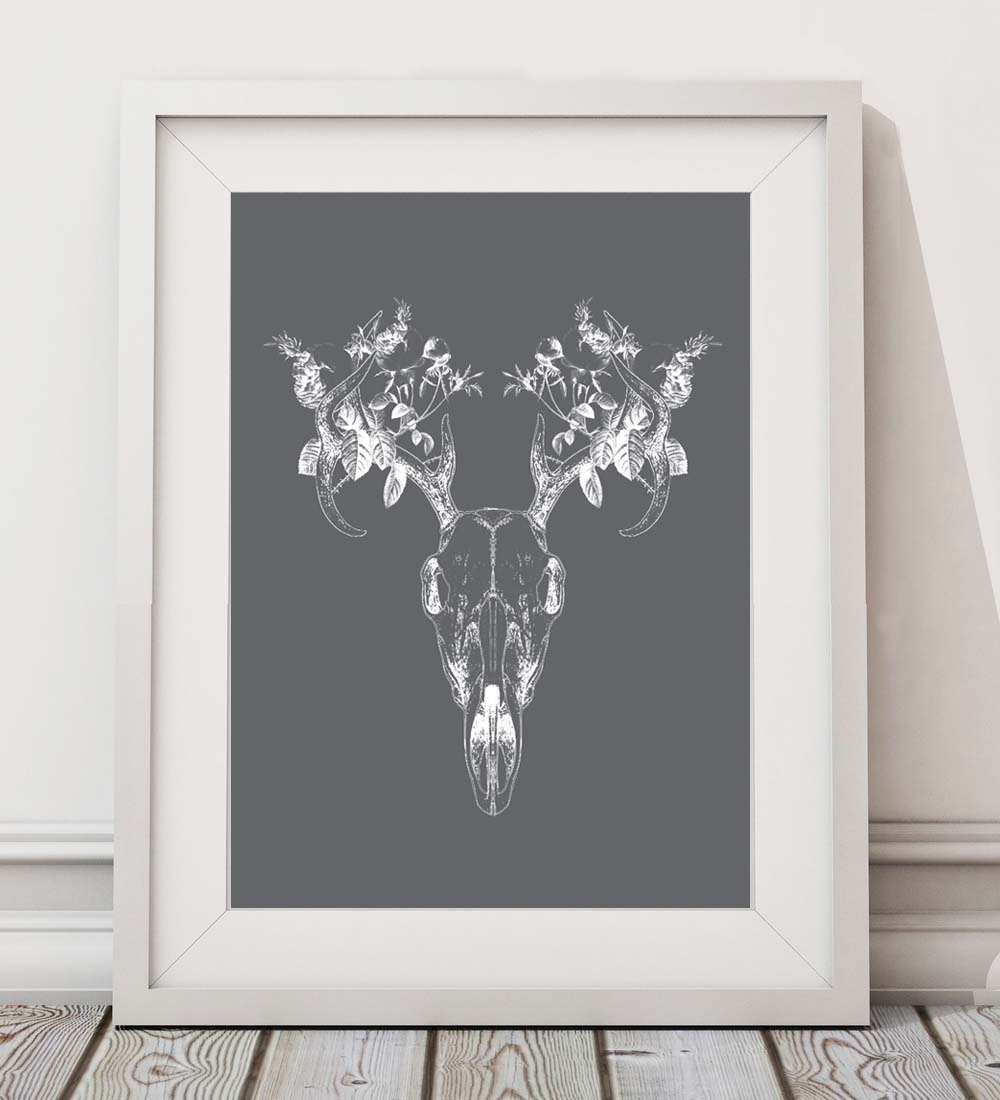 Deer Stag Head Skull Grey and White A3 Poster / Wall Art / Home ...