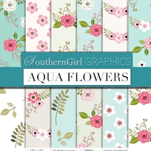 Spring Flower Digital Paper: "aqua Flowers" With Aqua, Turquoise, Pink ...
