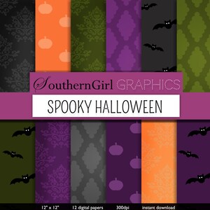 Spooky Halloween Digital Paper Pack: Damask, Pumpkins, Bats (digital ...