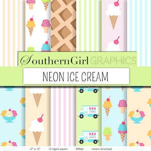 Ice Cream Digital Paper - "neon ICE Cream" With Bright Orange, Blue ...