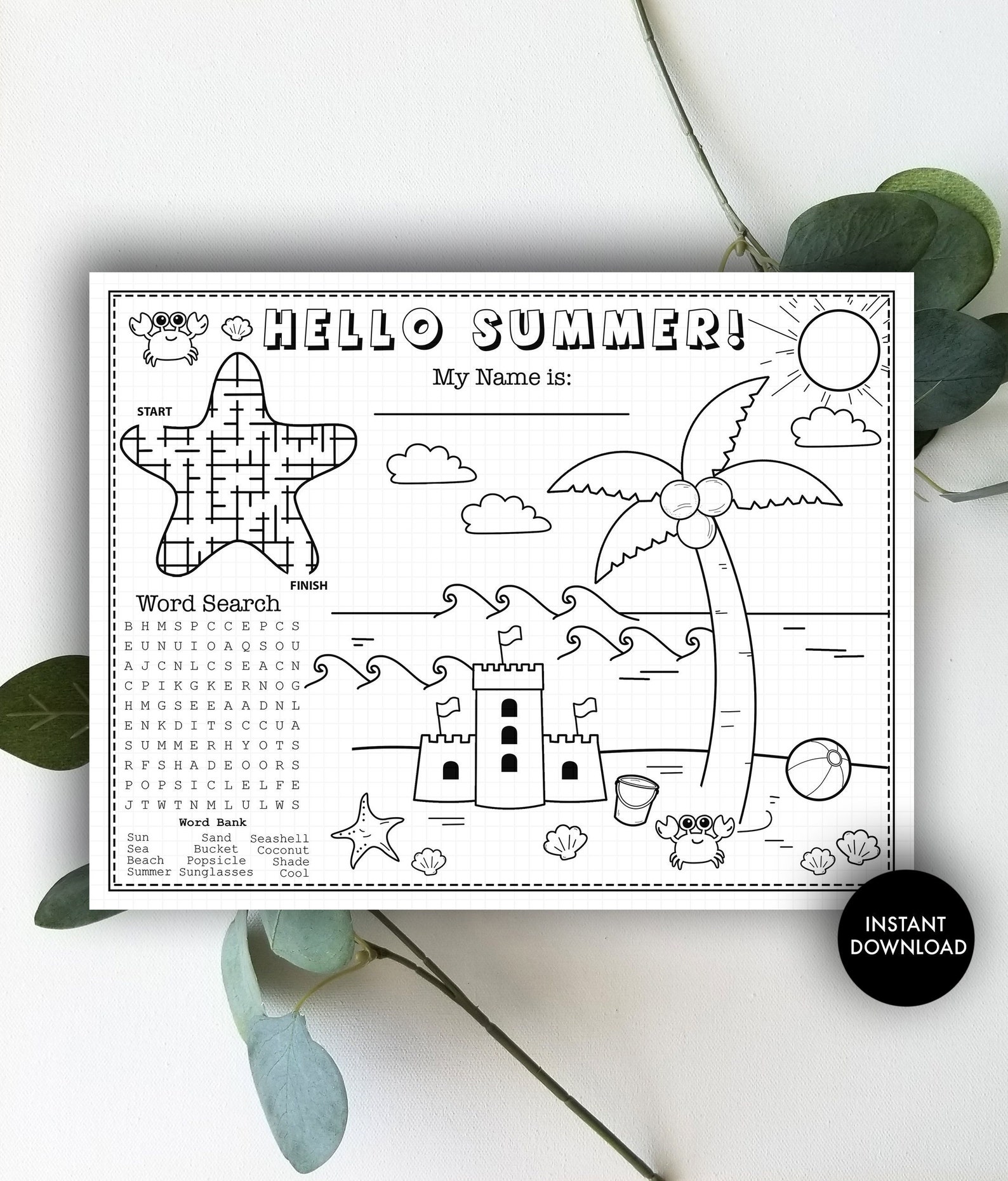 Summer Activity Printable Placemat - "summer Placemat" Coloring, Summer ...