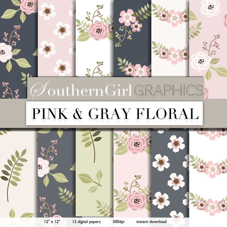 Pink Gray Flower Digital Paper: pink GRAY Floral - Etsy