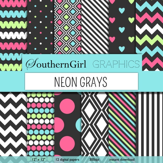 SALE Neon Gray Digital Paper: Gray Neon Pink Green Blue | Etsy