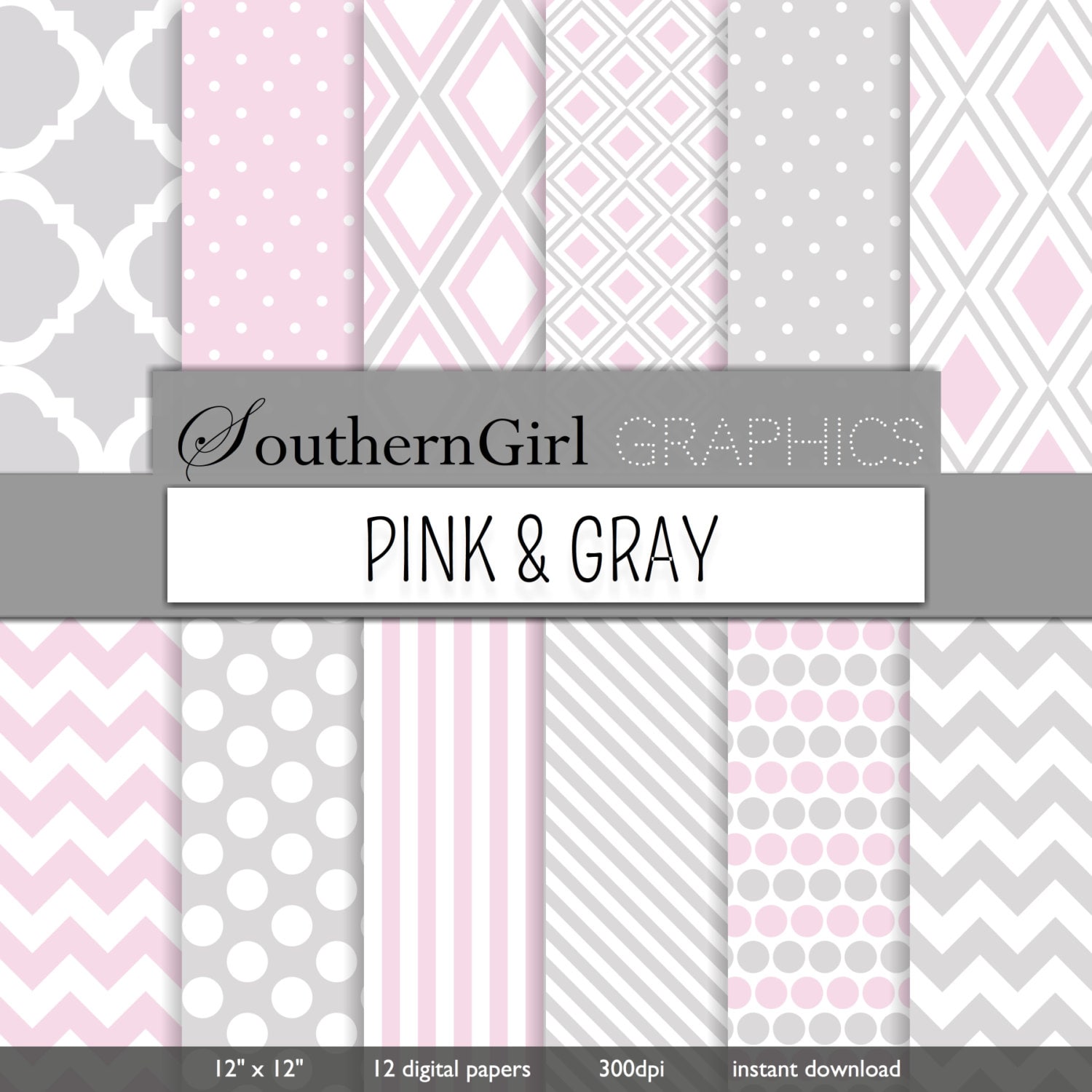 Pink & Gray Digital Papers pink AND Gray With | Etsy