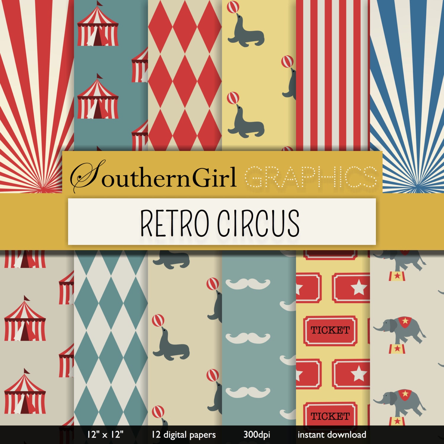 Circus Carnival Digital Paper: retro Circus With | Etsy