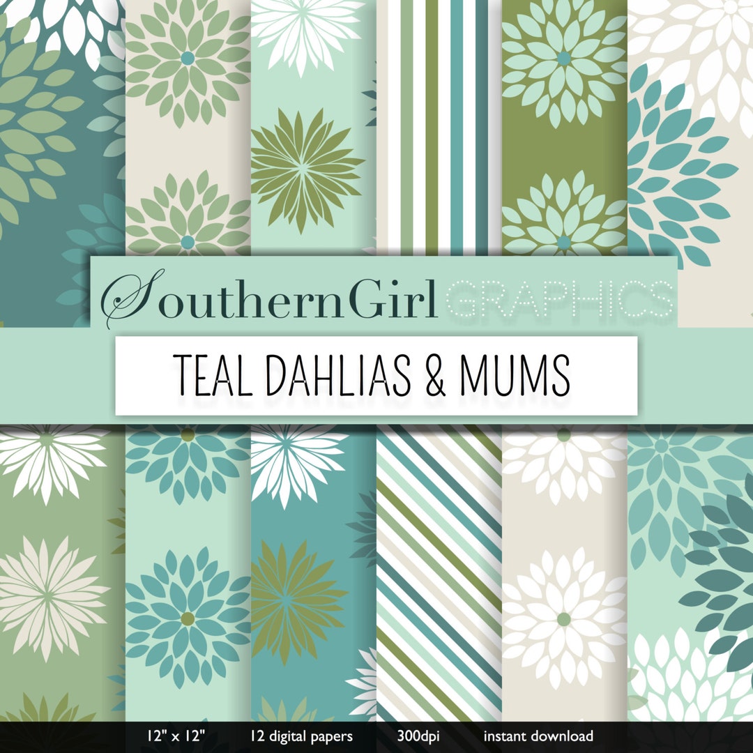 Dahlia & Mums Digital Paper: teal Dahlias With Dahlia, Daisy, Mum ...