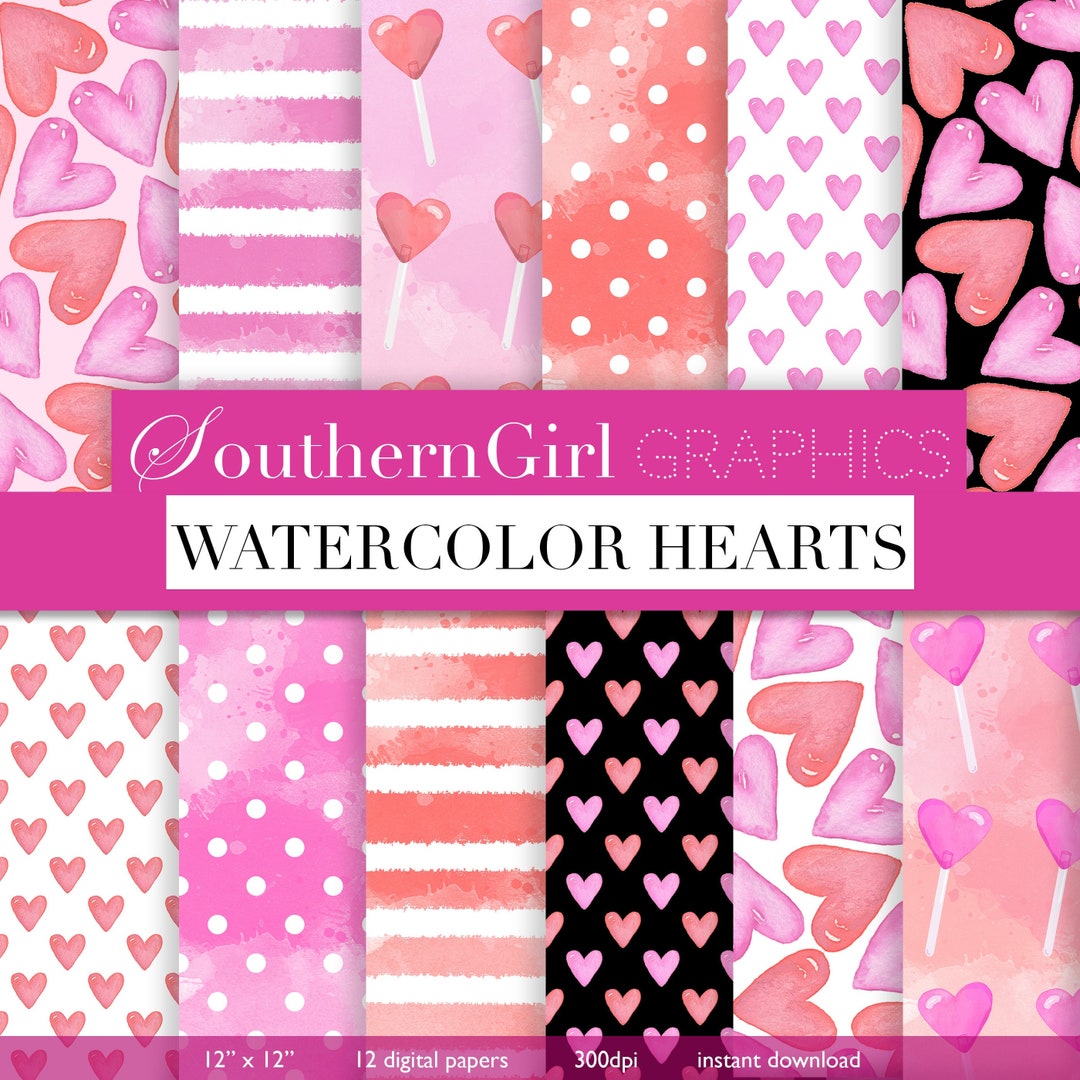 Watercolor Heart Digital Paper: "watercolor Hearts" Valentine's Day ...