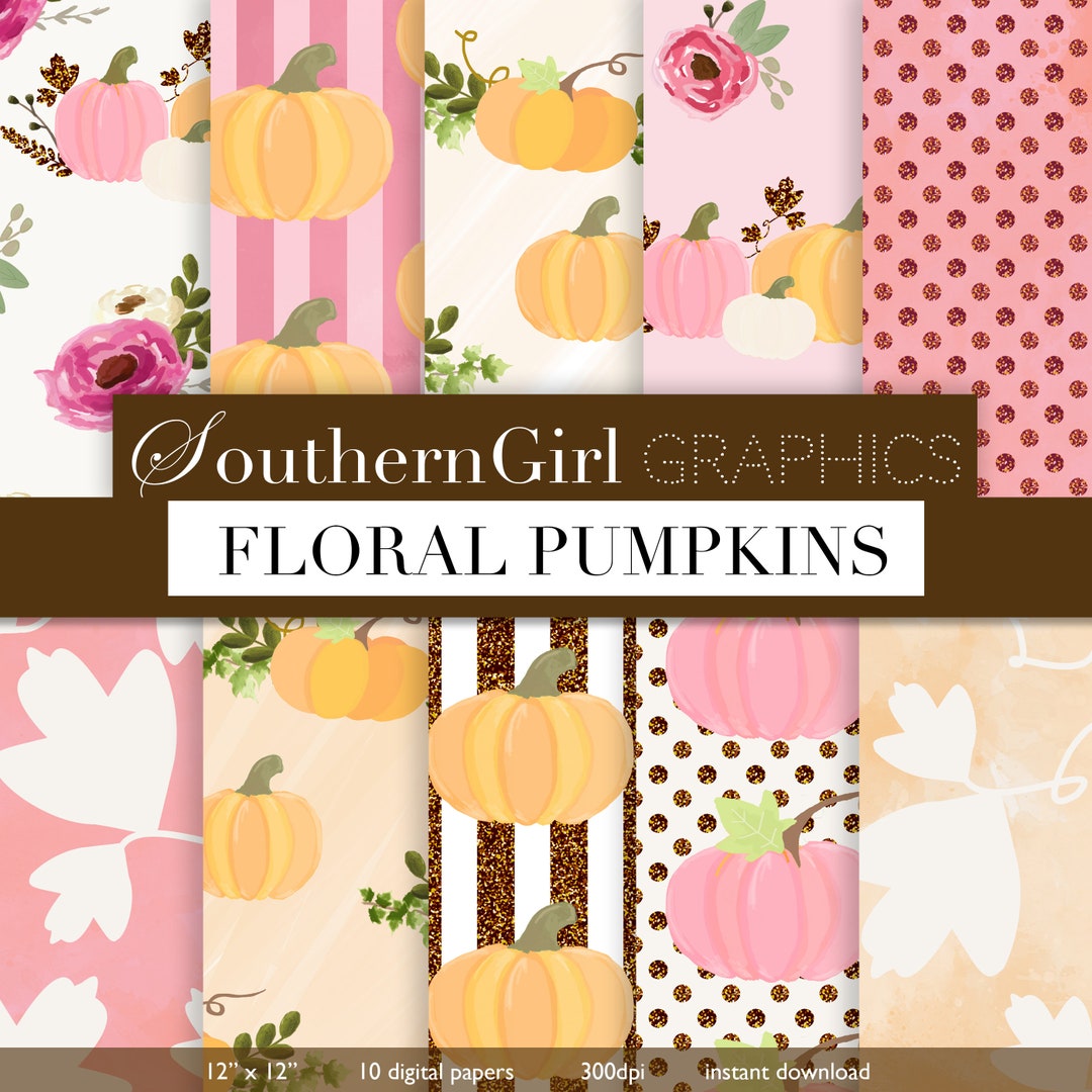 Floral Pumpkin Digital Paper - "floral Pumpkins" With Pink, Orange ...