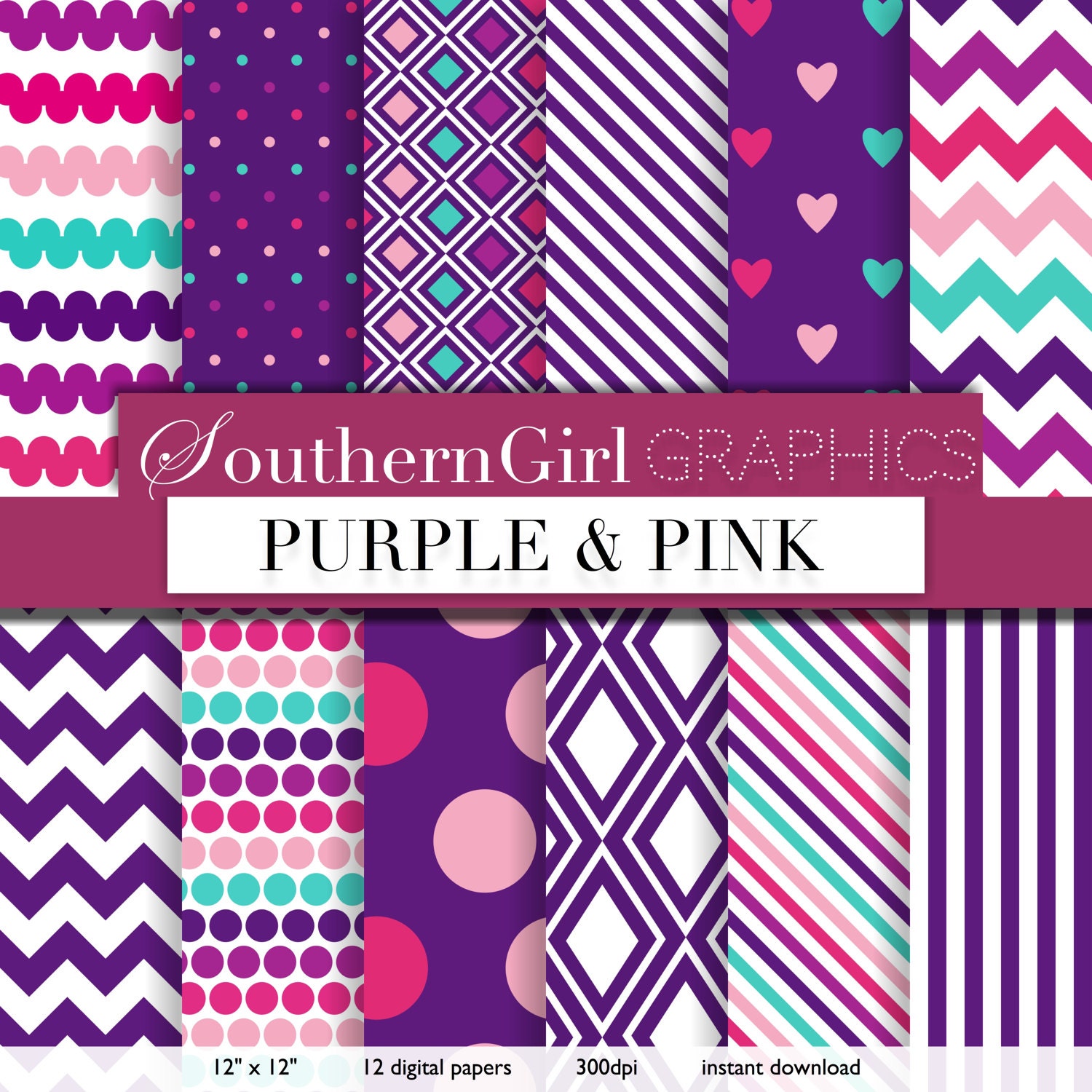 Purple and Pink Digital Paper: "purple AND Pink" Valentines, Geometric ...