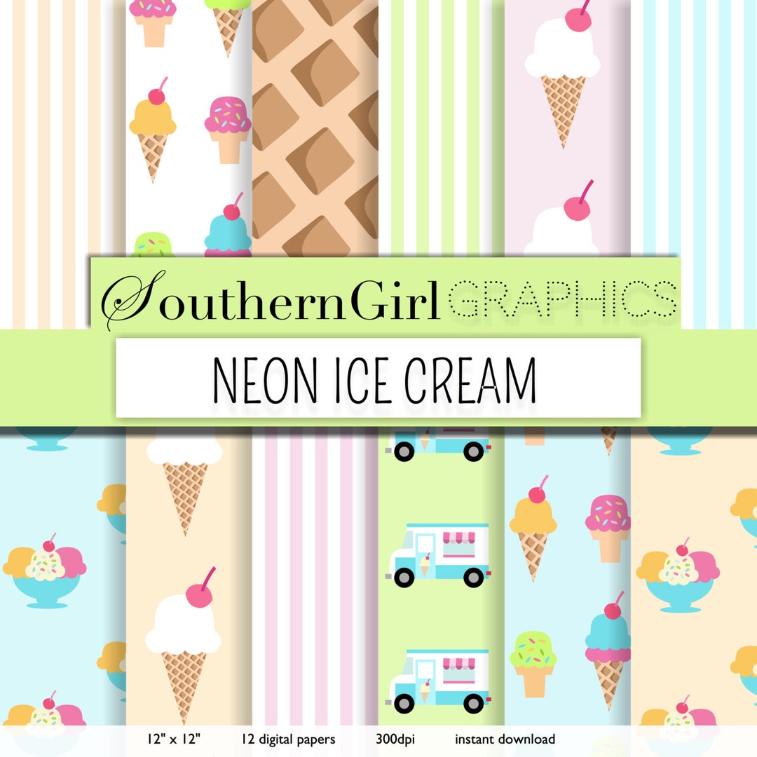 Ice Cream Digital Paper - "neon ICE Cream" With Bright Orange, Blue ...