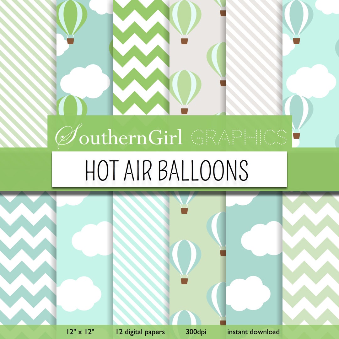 Hot Air Balloon Digital Papers - Blue, Teal, Aqua, Green, Taupe, White ...