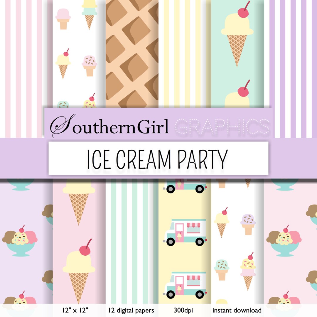 Ice Cream Party Digital Paper - "ice CREAM Party" With Pink, Mint ...