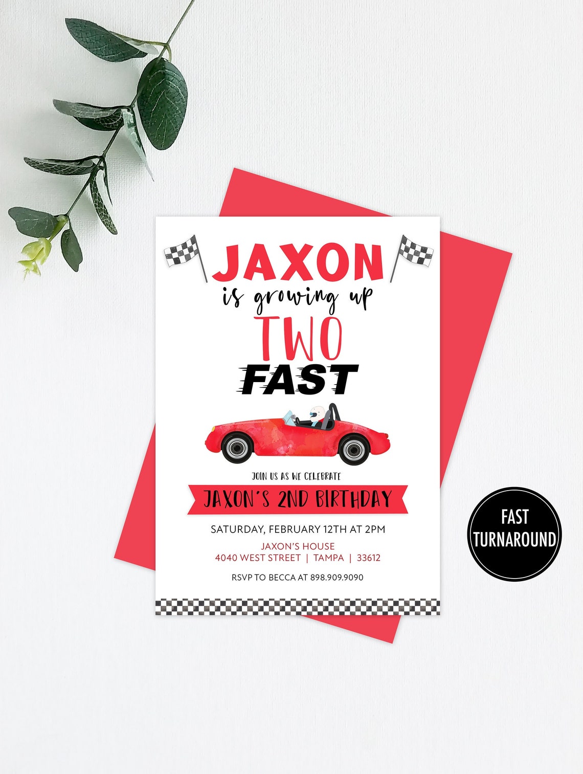 Red Race Car Birthday Invitation Printable: Racing Birthday Invite, 2 ...
