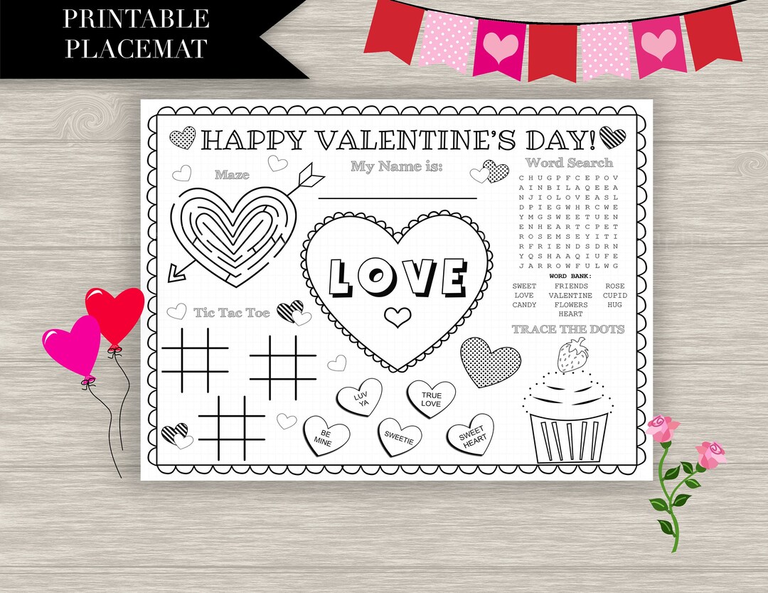 Kids Valentines Placemat - "valentine's DAY Placemat" Kids Table ...