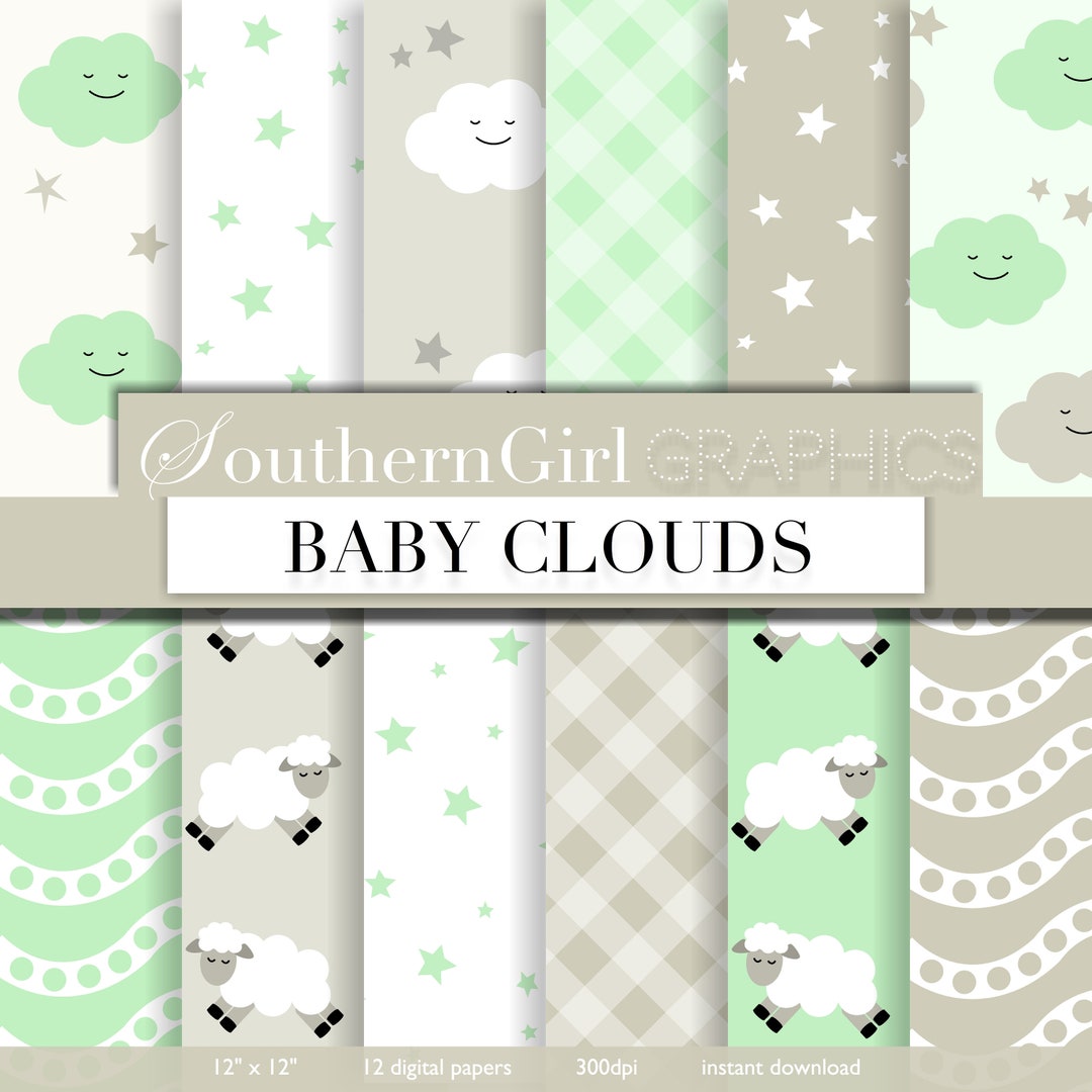Baby Neutral Digital Paper - "baby Clouds" With Mint, Taupe Gray ...