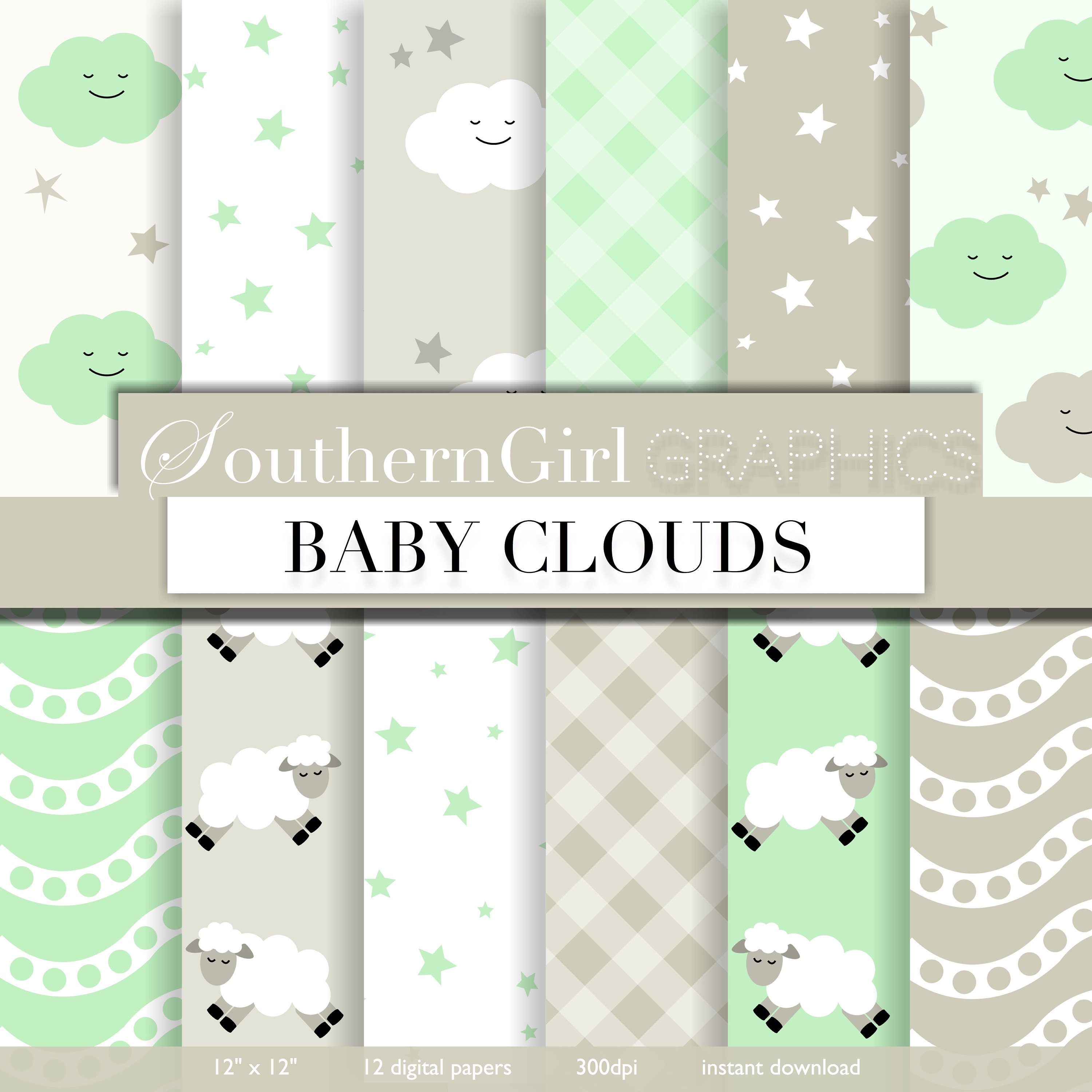 Baby Neutral Digital Paper baby Clouds With | Etsy