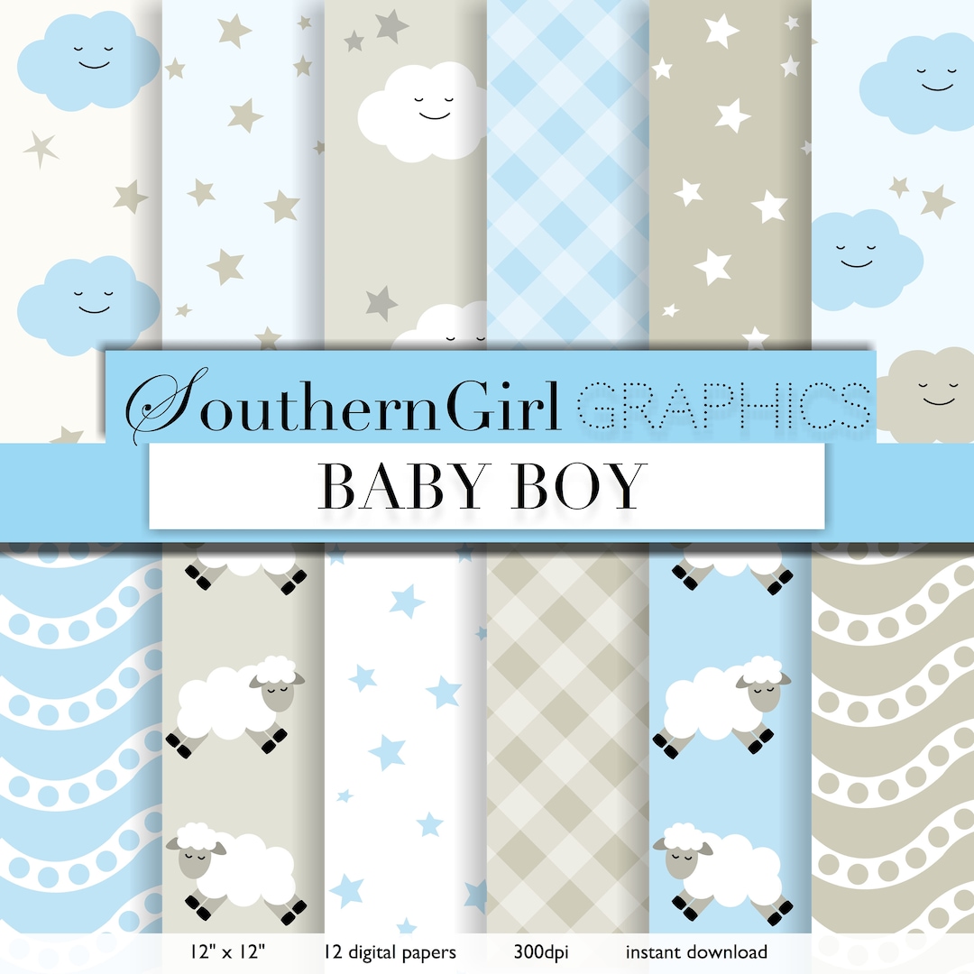 Baby Boy Digital Paper - "baby BOY Clouds" With Blue, Taupe Gray ...